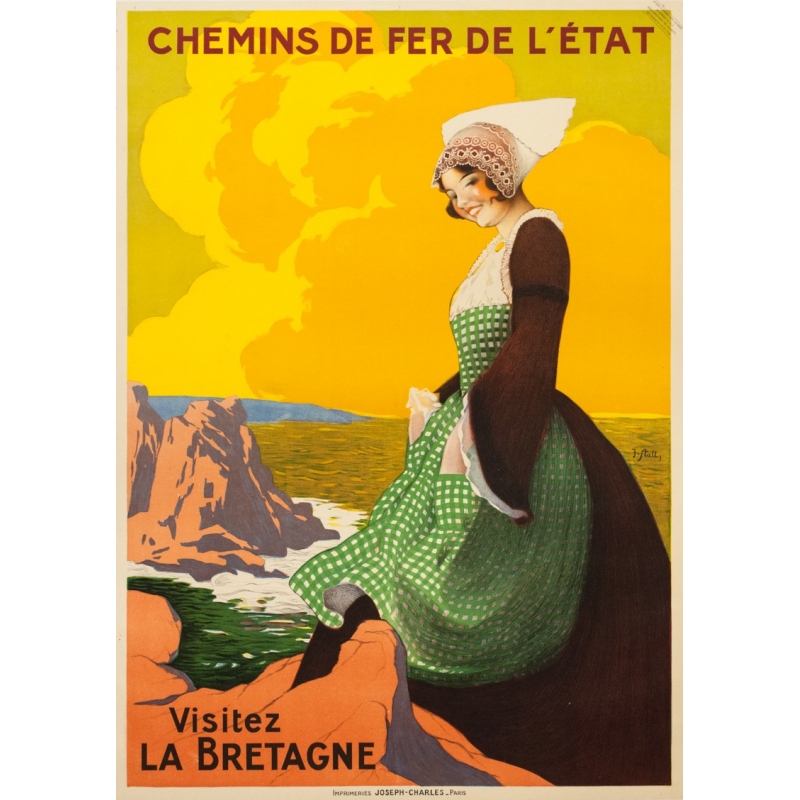 Affiche ancienne de voyage de J. Stall Circa 1920 Visitez la Bretagne Affiche ancienne de voyage de J. Stall Circa 1920 Visitez la Bretagne
