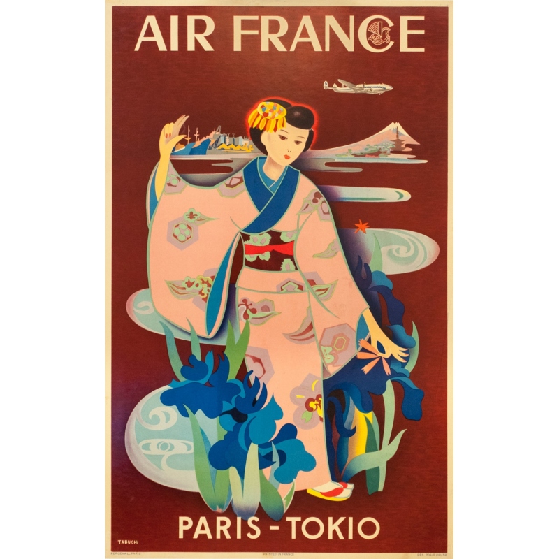 Affiche ancienne de voyage Air France Paris Tokyo de Tabuchi 1952 Affiche ancienne de voyage Air France Paris Tokyo de Tabuchi 1952