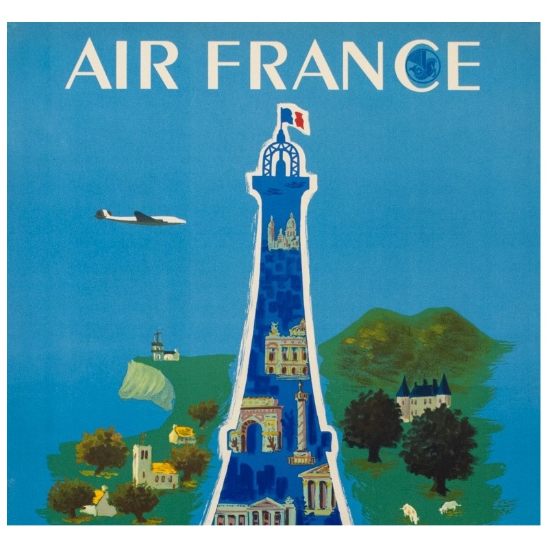 Affiche ancienne de voyage Air France Tour Eiffel de Villemot 1952 Affiche ancienne de voyage Air France Tour Eiffel de Villemot 1952